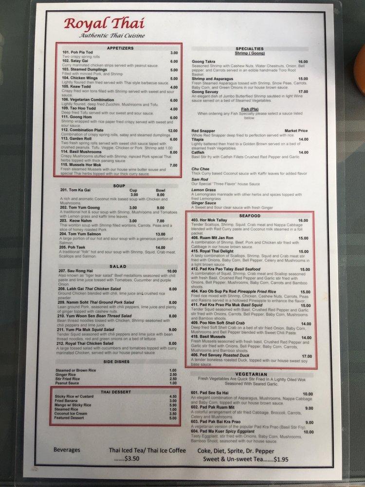 Menu at Royal Thai restaurant, Nashville, Hayes St