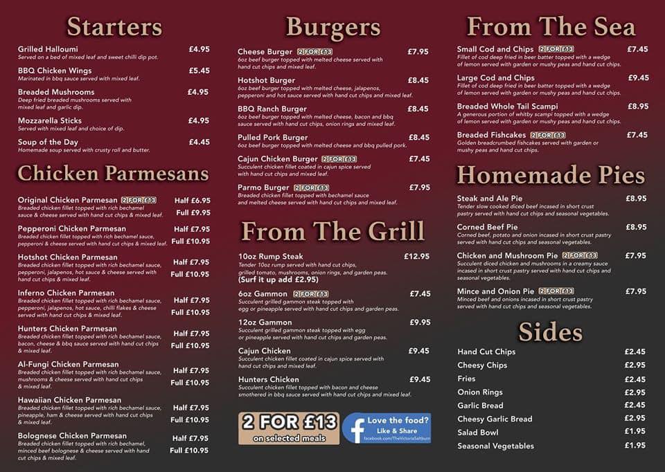 Menu at Victoria Pub, Saltburn-by-the-Sea, 3-5 Dundas St E