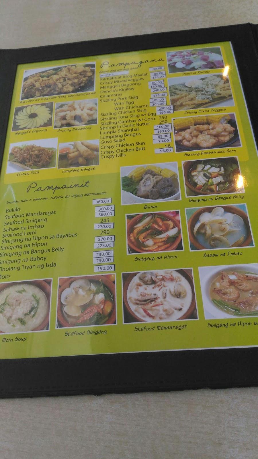 Menu at Dencio's restaurant, Davao City