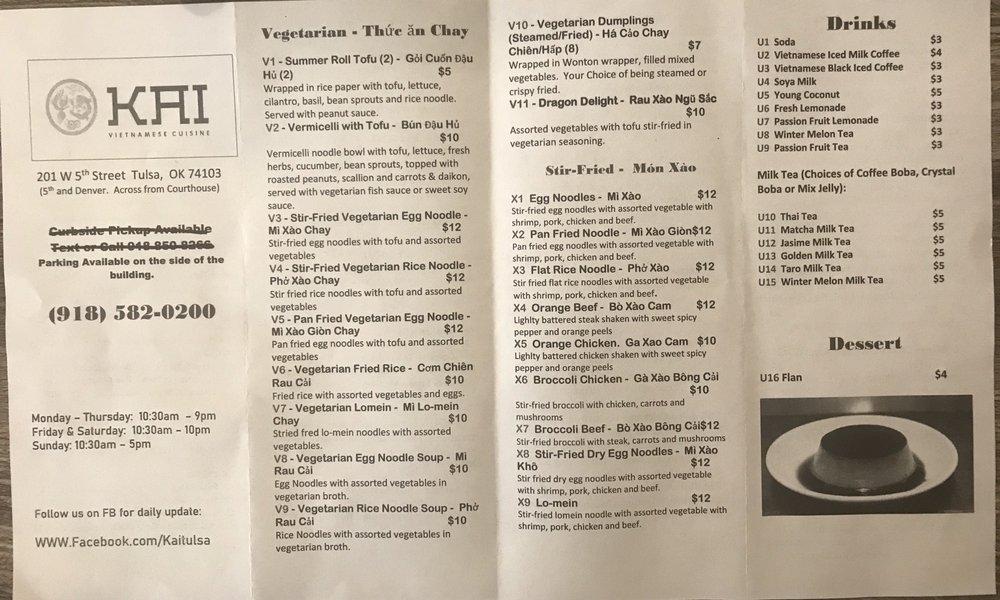 Menu at Kai Vietnamese Cuisine restaurant, Tulsa