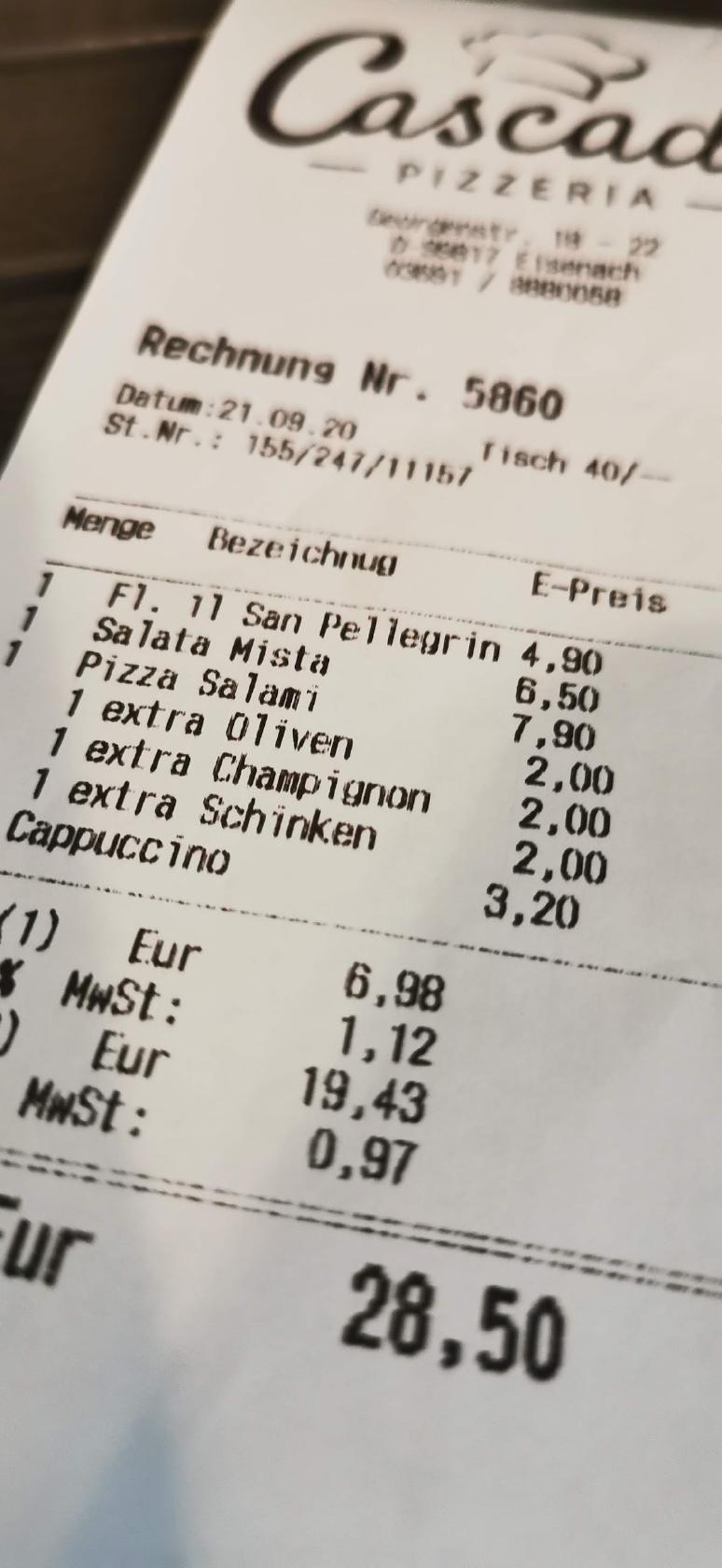 Menu at Pizzeria Cascade, Eisenach
