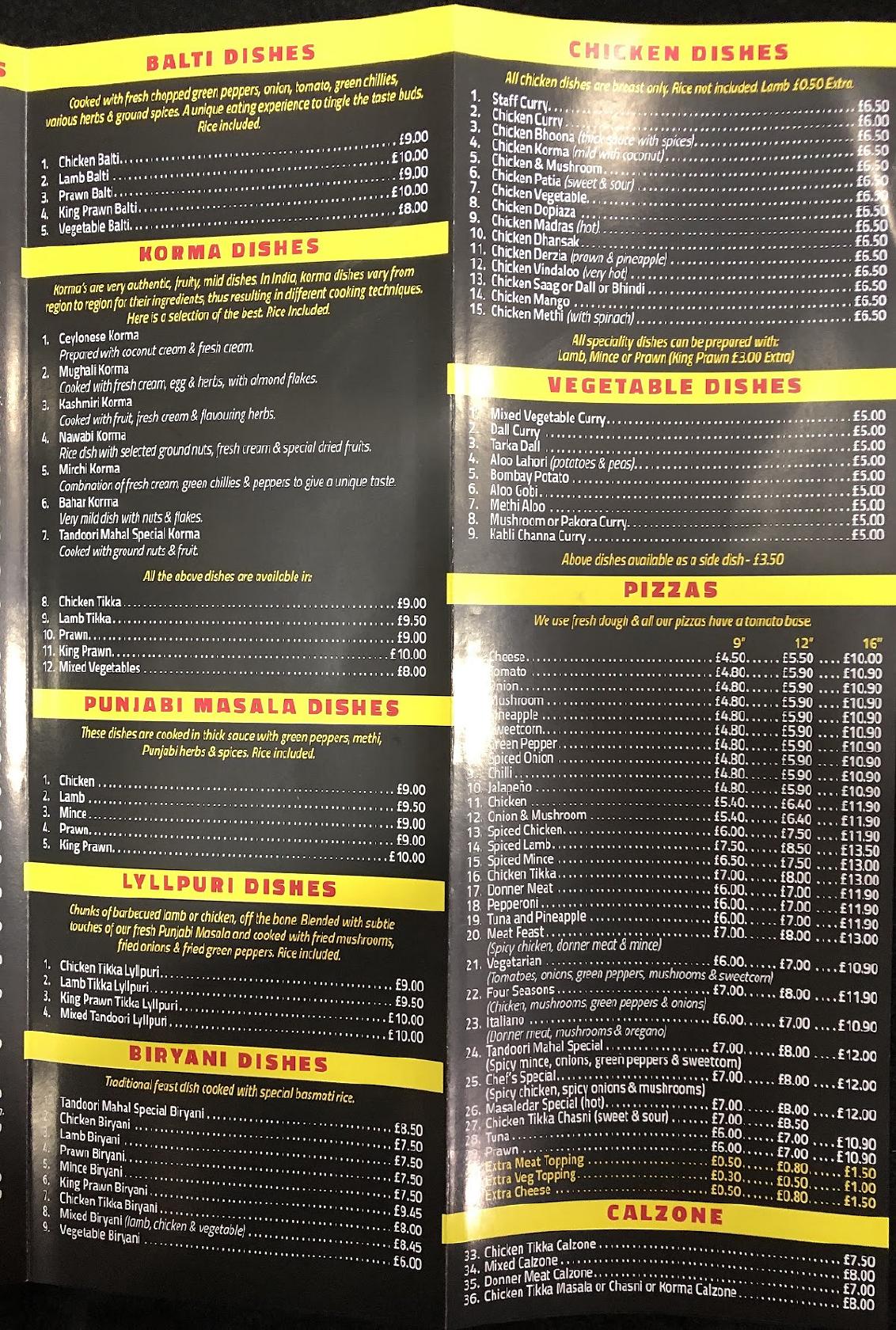 Menu at Tandoori Mahal restaurant, Wishaw