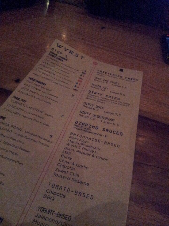 Menu at WVRST pub & bar, Toronto, 609 King St W