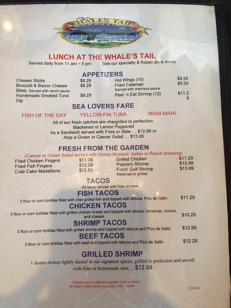 Menu at Whale's Tail At Seascape pub & bar, Miramar Beach
