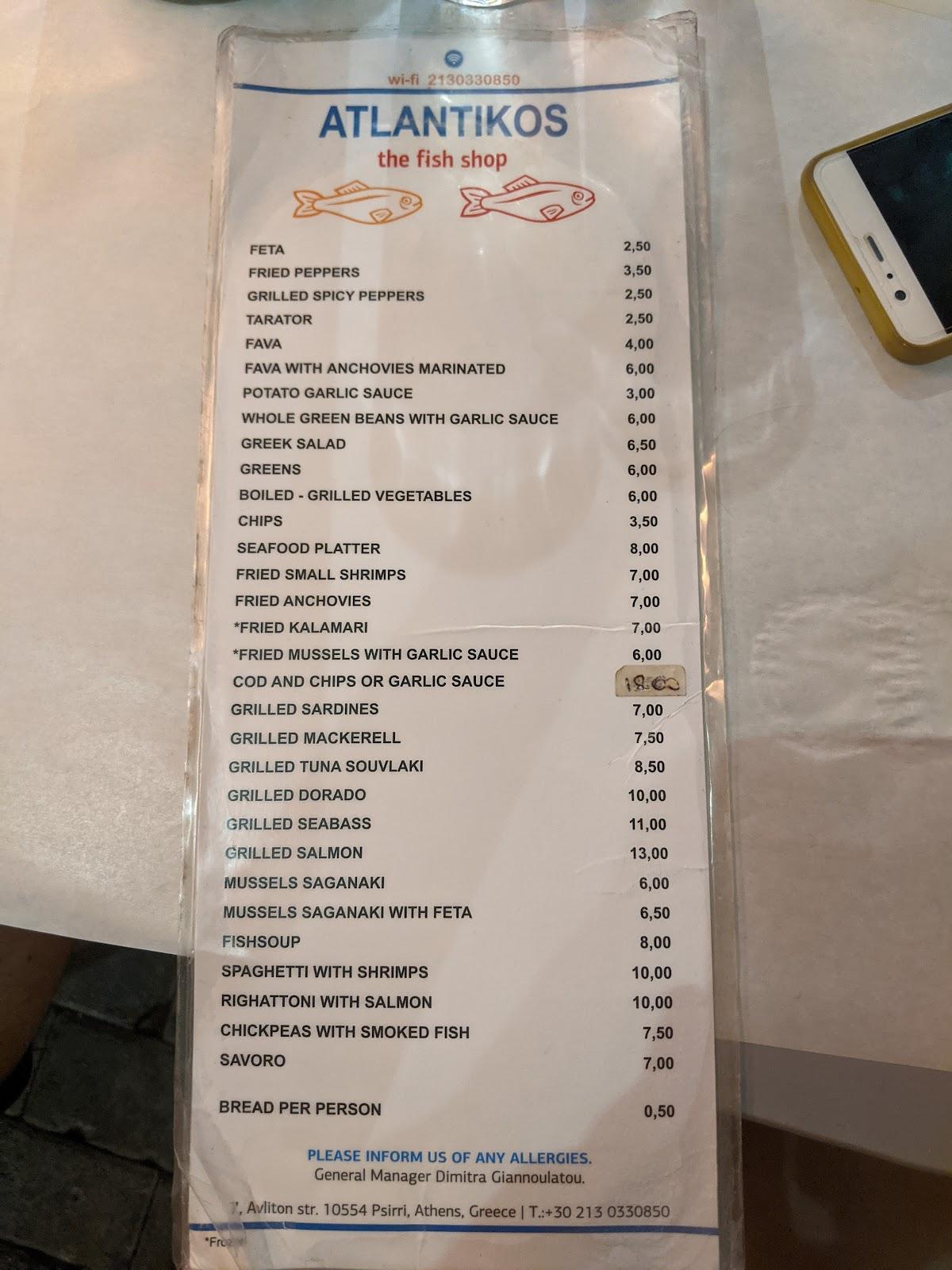 Menu at Atlantikos, Athens