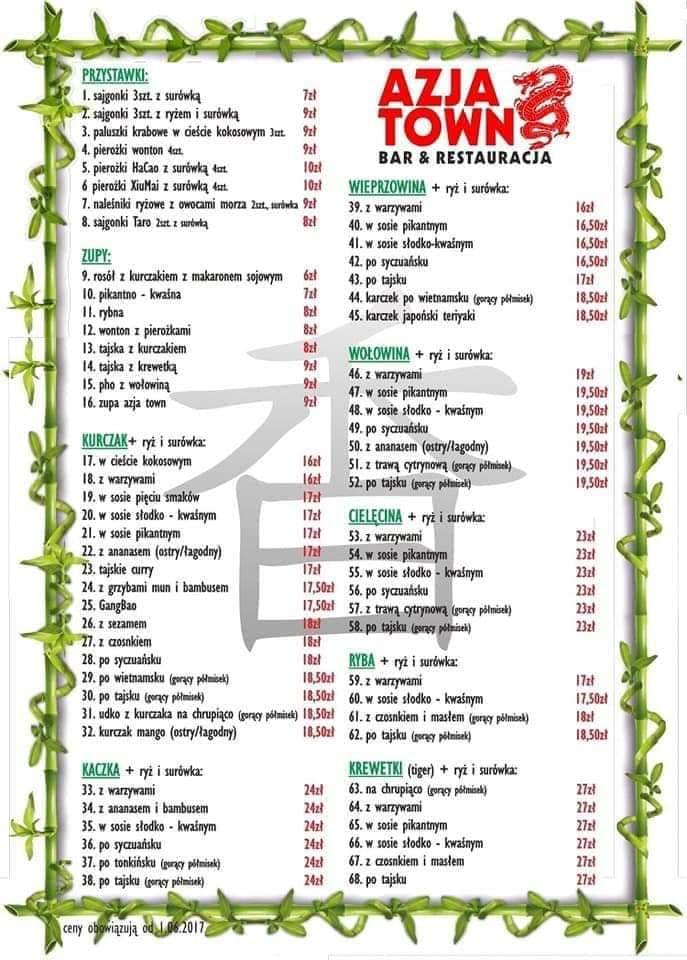 Menu at Azja Town restaurant, Swinoujscie