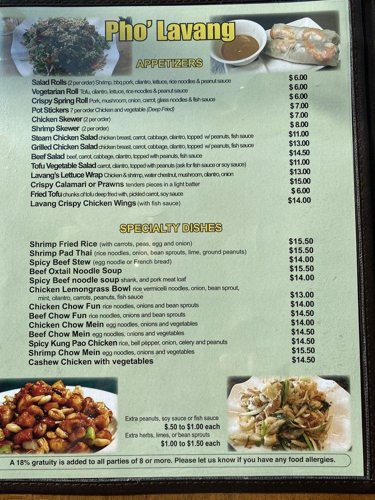 Menu at Phở Lavang Vietnamese Restaurant, Lake Oswego