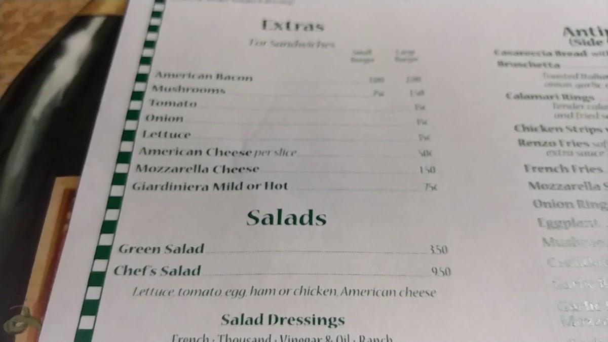 Menu at Renzo's Pizzeria & Trattoria, Kenosha
