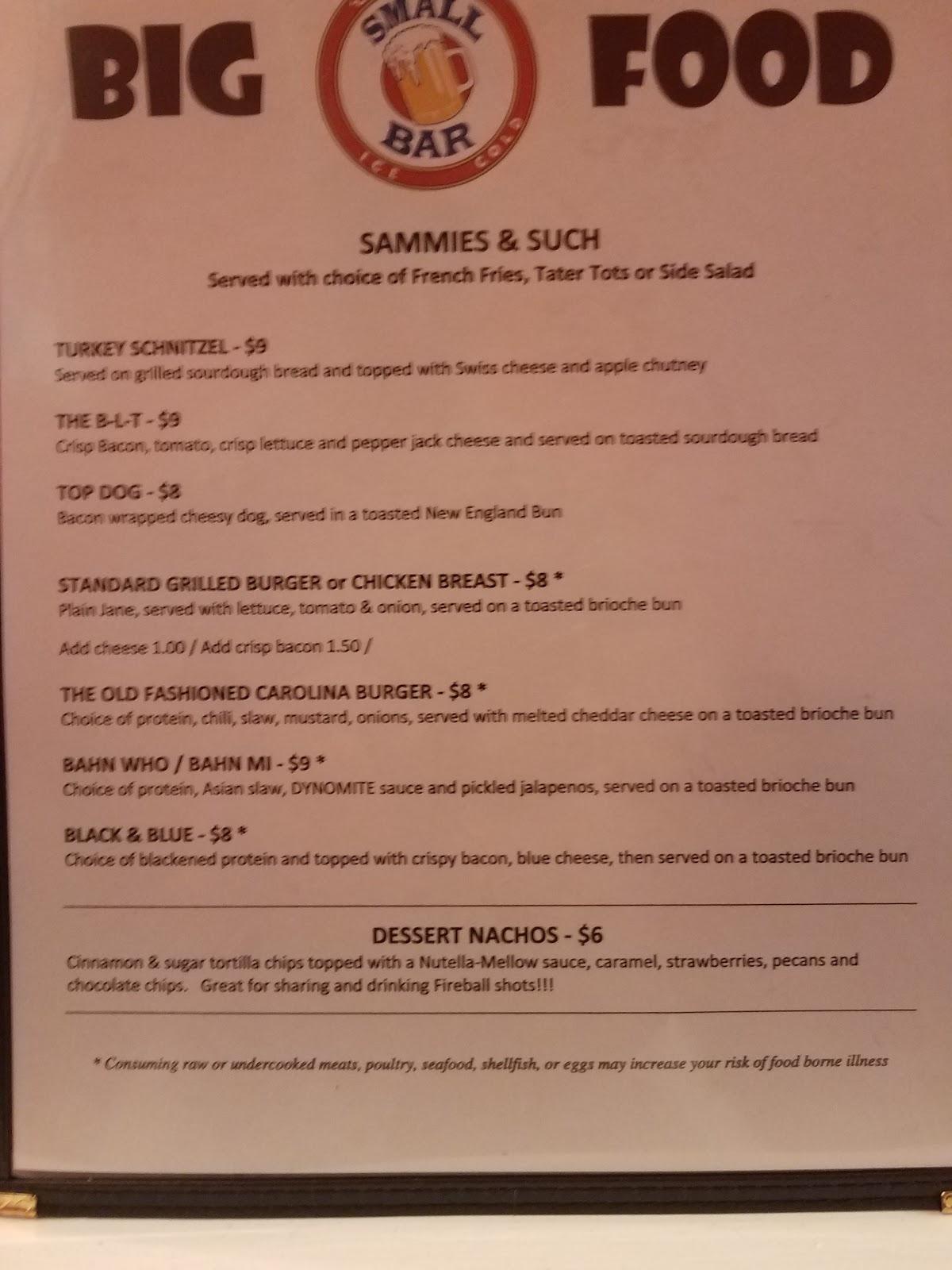 Menu at Small Bar, Fort Mill