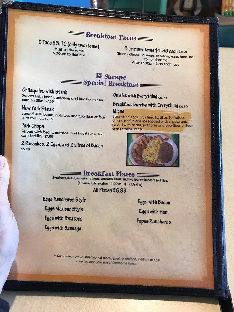 Menu at El Sarape restaurant, Little River-Academy