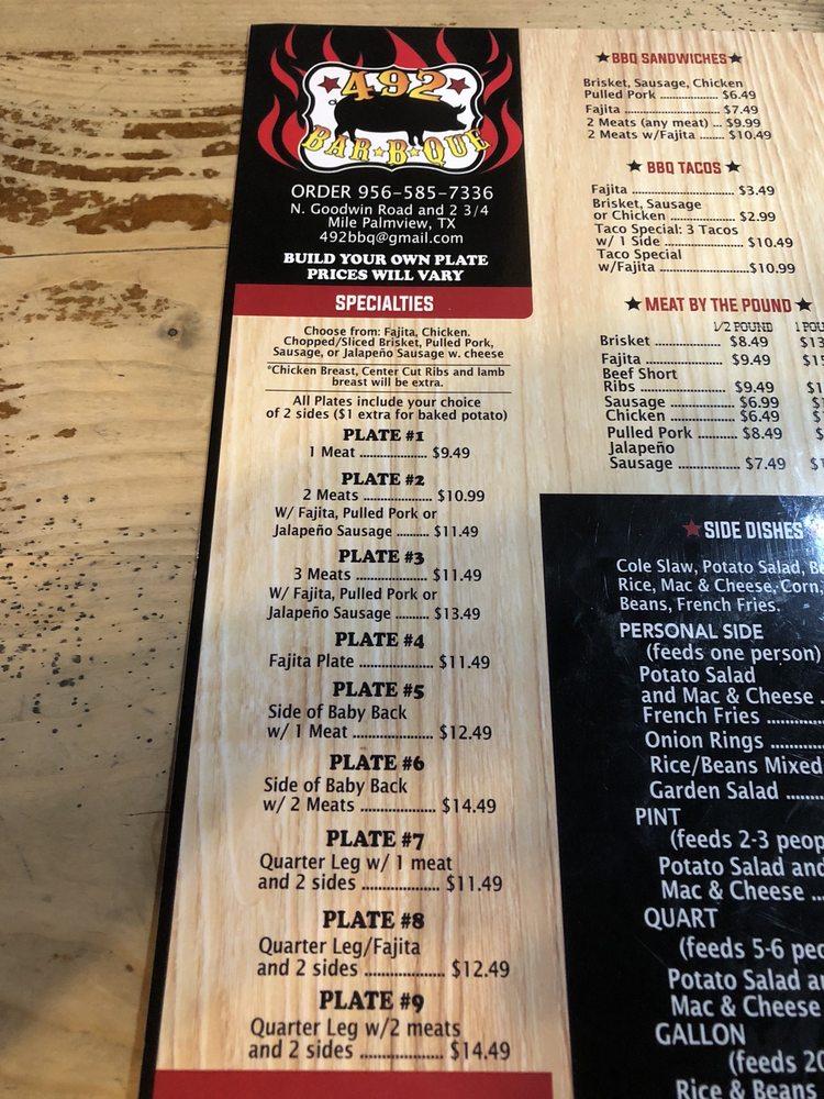Menu at 492 BBQ, Mission, FM492