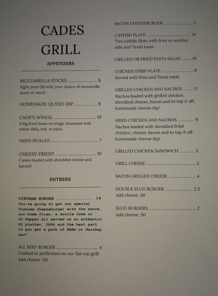 Menu at Cade's Grill restaurant, Counce