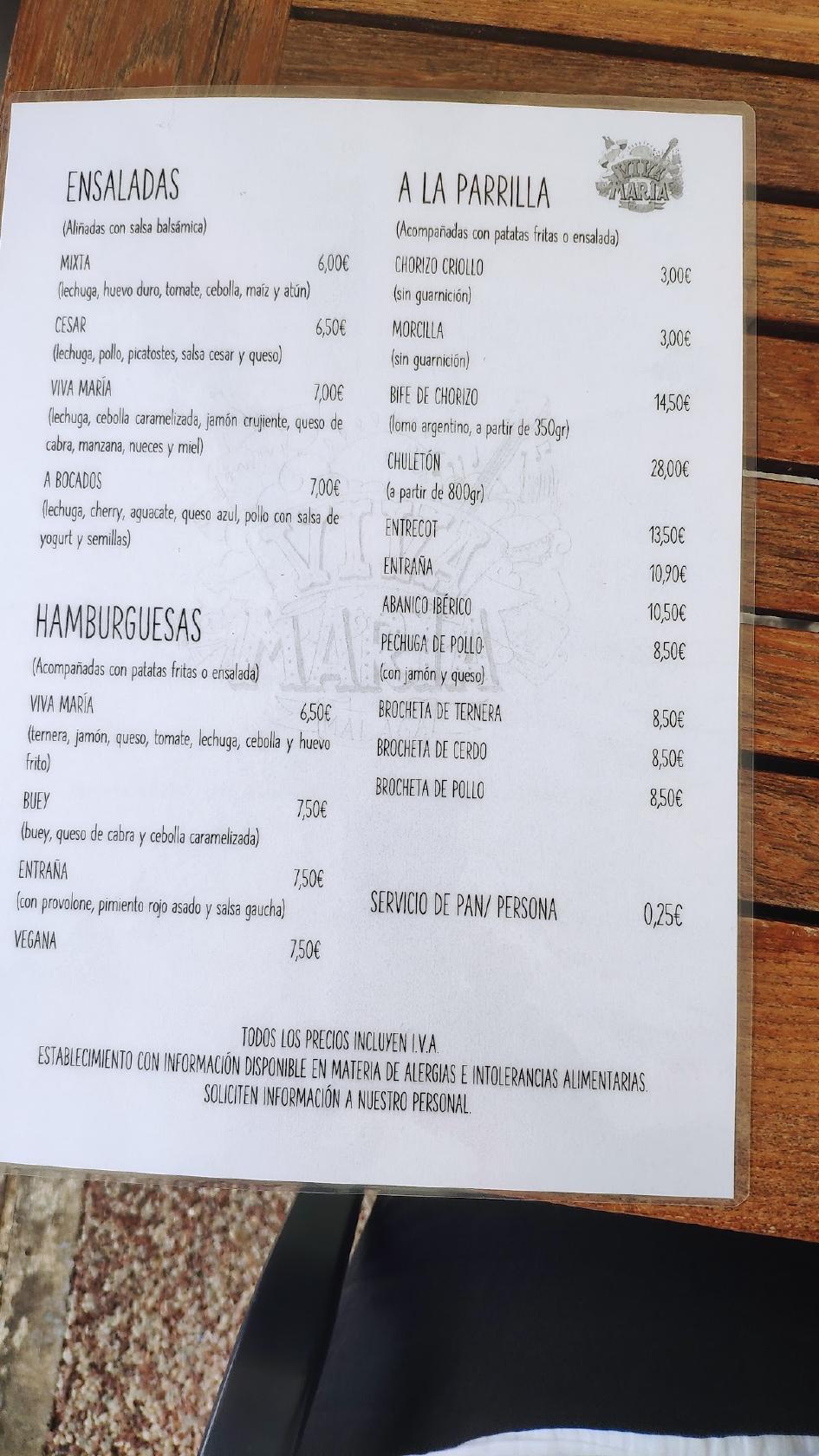 Menu at Cafetería Viva María, Málaga