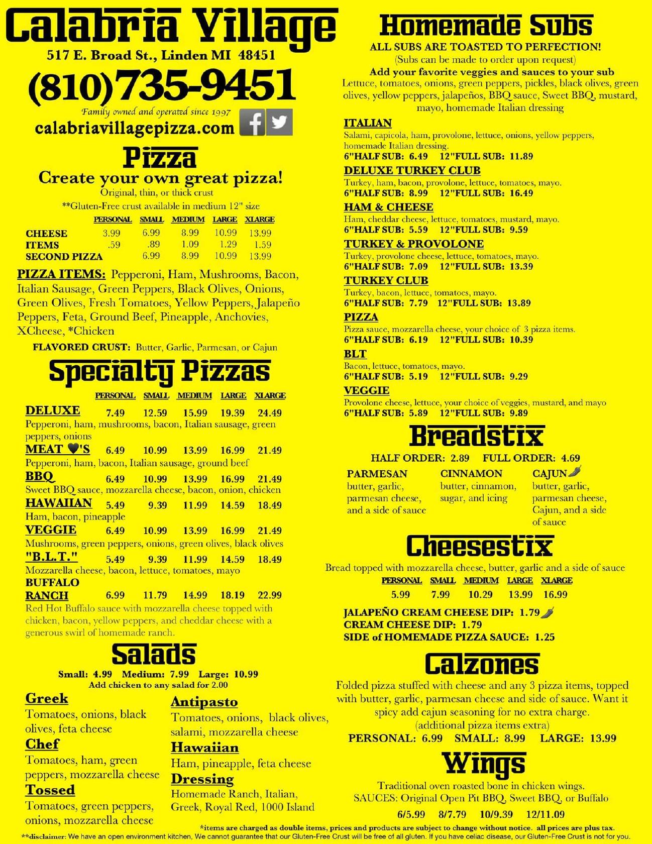 Menu at Calabria Village pizzeria, Linden