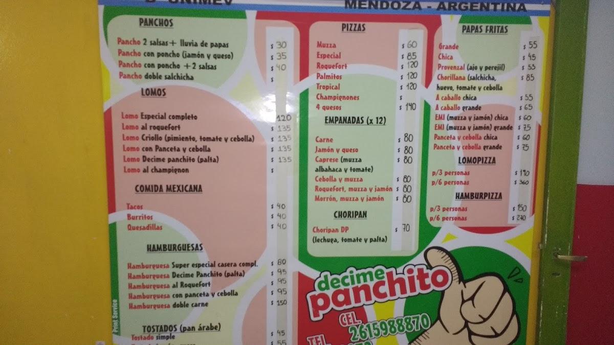 Menu at Decime Panchito restaurant, Argentina
