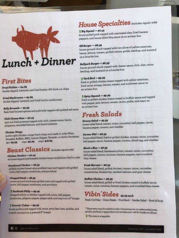 Menu at Groovy Beast restaurant, Gastonia