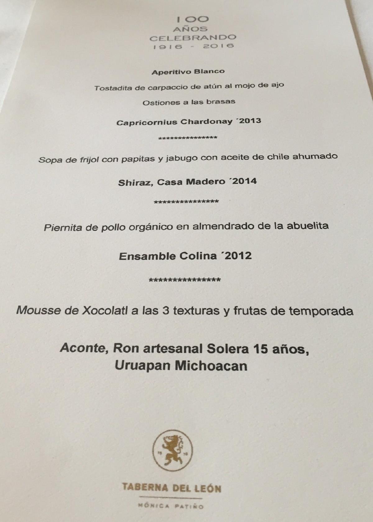 Carta del restaurante La Taberna del León, Ciudad del México, Antonio ...
