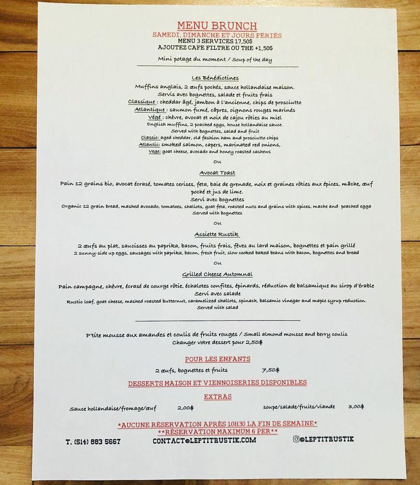 Menu at Le P'tit Rustik cafe, Montreal