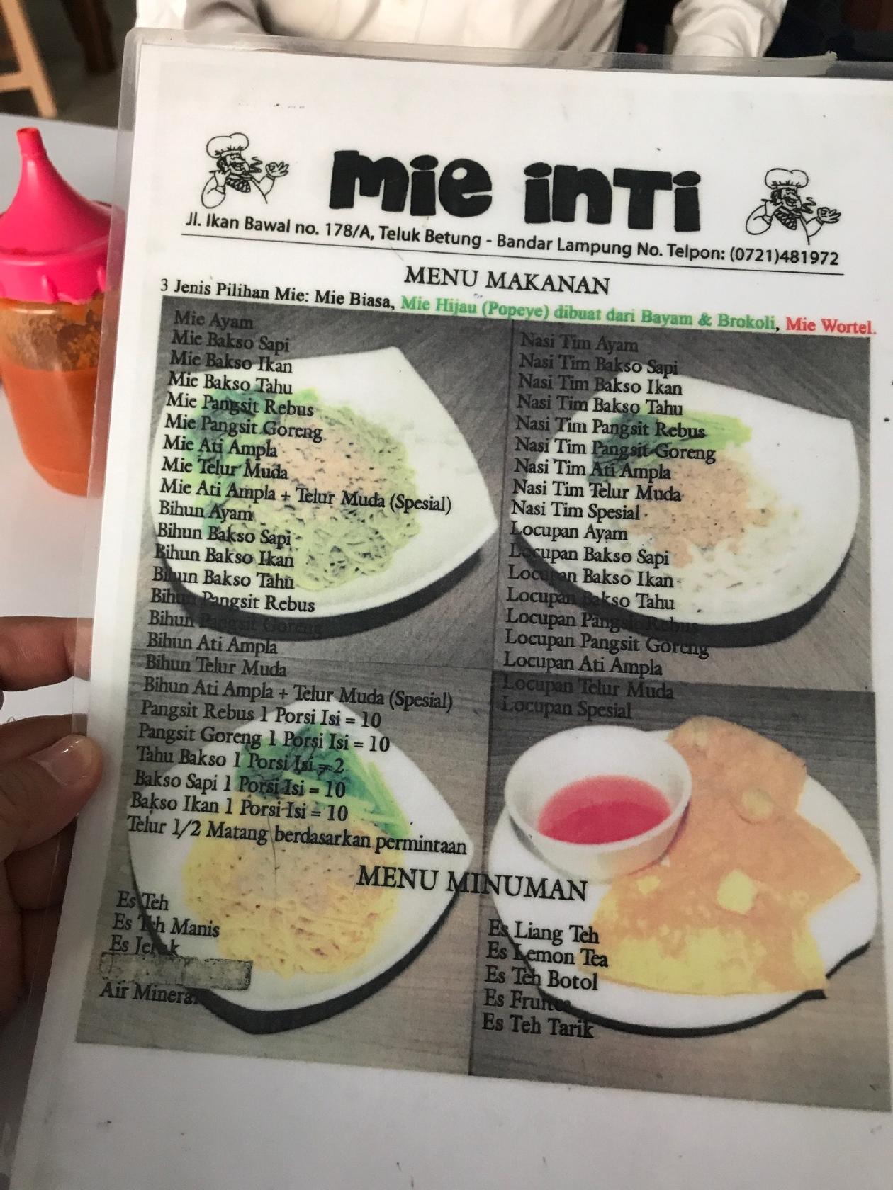 Menu at Mie Inti Teluk restaurant, Bandar Lampung, Jl. Ikan Bawal No. 178/A