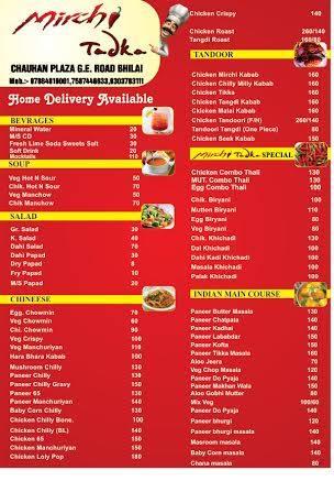 Menu at Mirchi Tadka, Bhilai