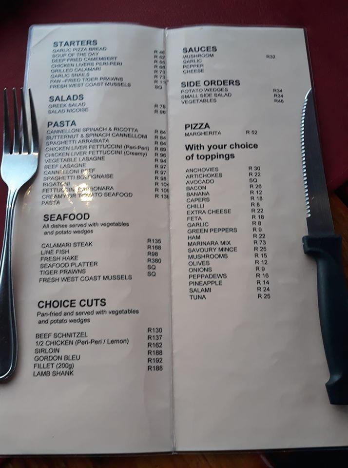 Menu at Moltenos restaurant, Onrus