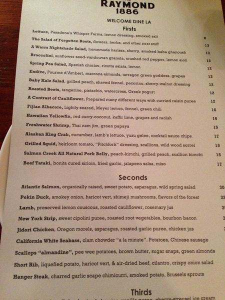 Menu at The Raymond Restaurant, Pasadena