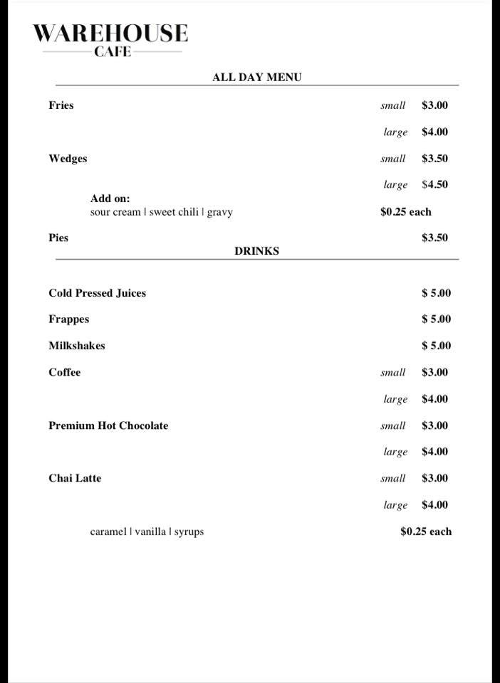 Menu at The Take 2 Cafe, Gold Coast