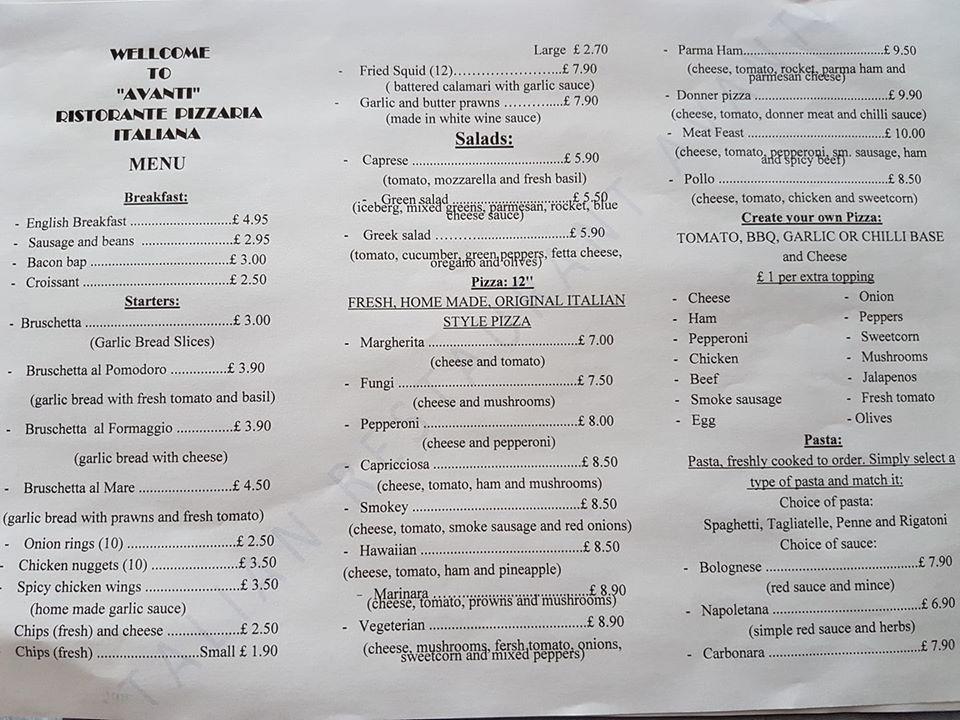 Menu at Avanti restaurant, Torquay