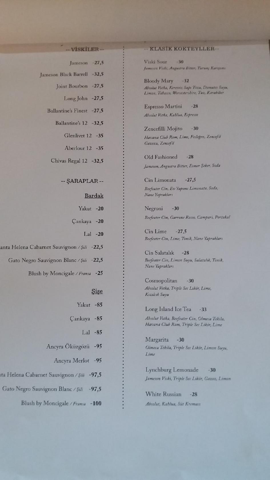 Menu at BİNA, Istanbul, Kadife Sk. No:26