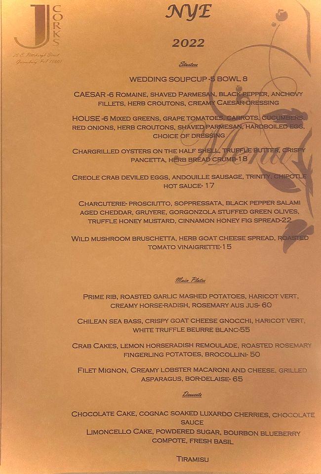 Menu at J. Corks pub & bar, Greensburg, 25 E Pittsburgh St