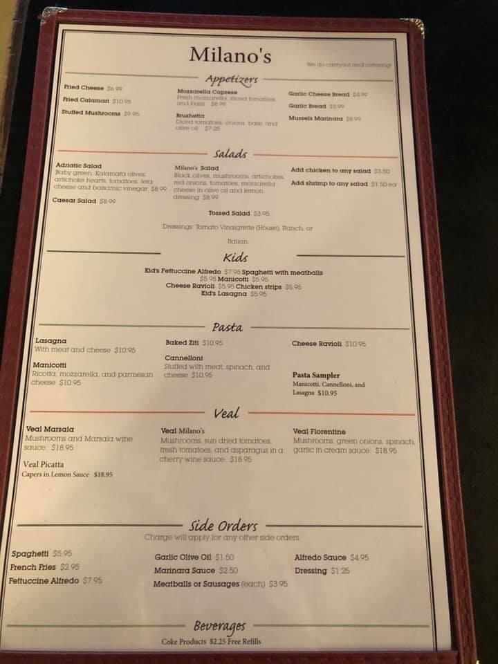 Menu at Milano’s Italian Grill restaurant, Maumelle