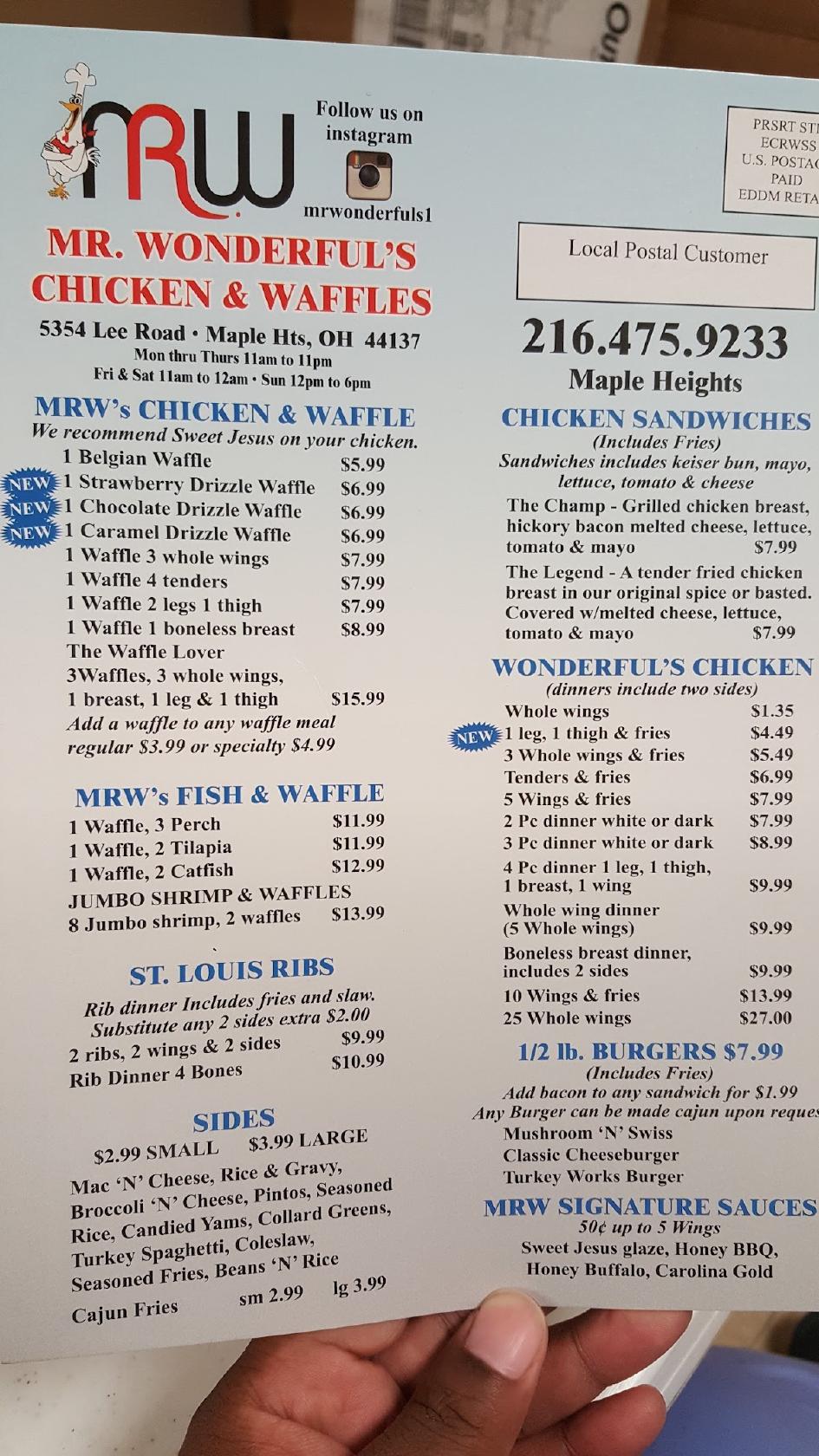 Menu at Mr Wonderful's Chicken & Waffles restaurant, Maple Heights