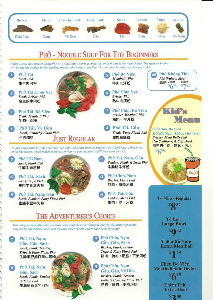 Menu at Pho 39 restaurant, Edmonton