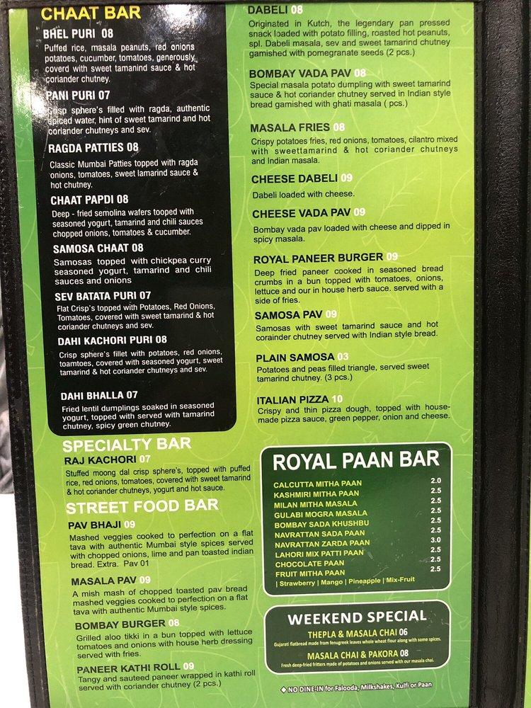 Menu at Royal Paan Edmonton restaurant, Edmonton
