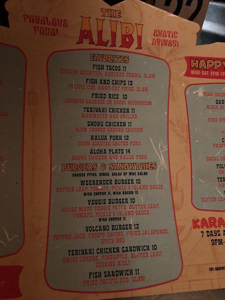 Menu at The Alibi Tiki Lounge pub & bar, Portland