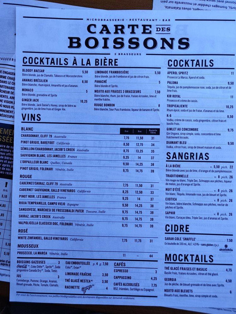 Menu at 3 Brasseurs - Centropolis Laval pub & bar, Laval, Av. Pierre ...