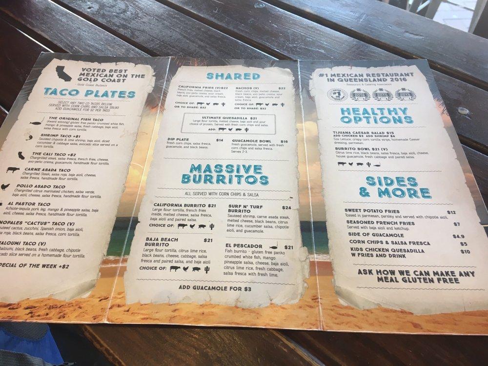 Menu at California Tacos restaurant, Burleigh Heads