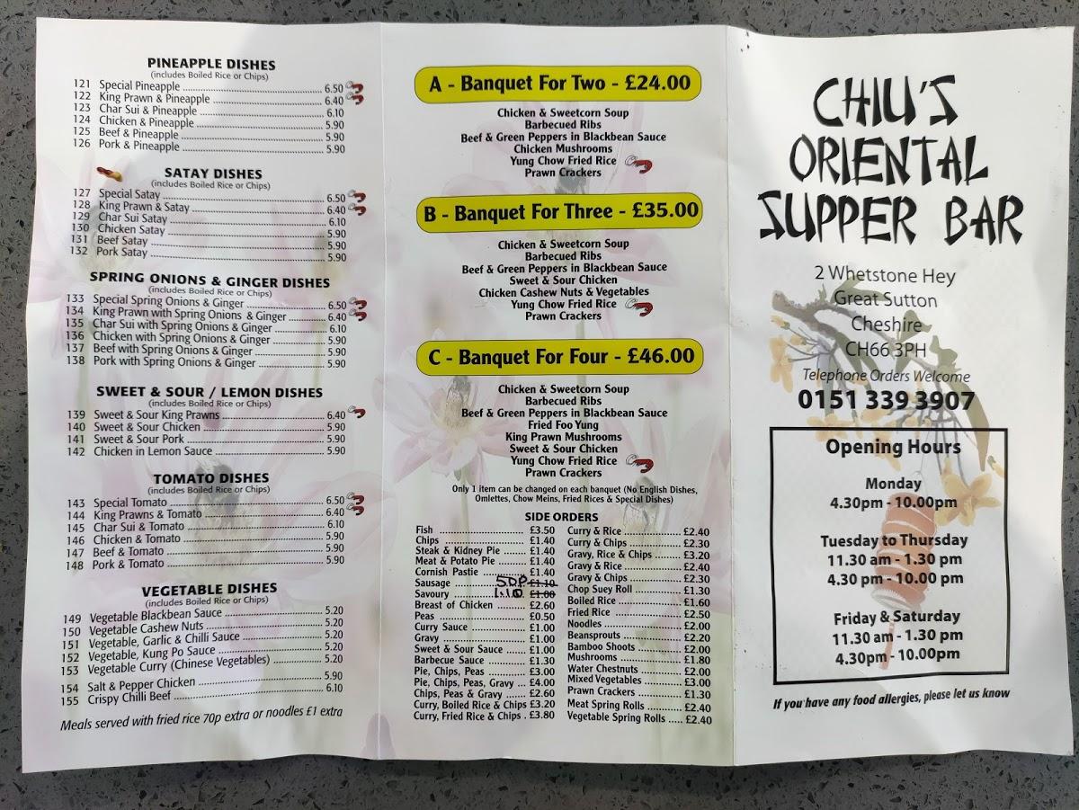 Menu at Chiu's Oriental Supper Bar, Ellesmere Port
