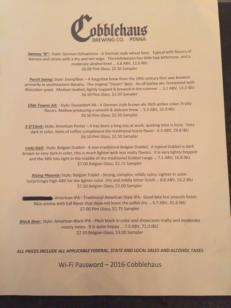 Menu at Cobblehaus pub & bar, Coraopolis