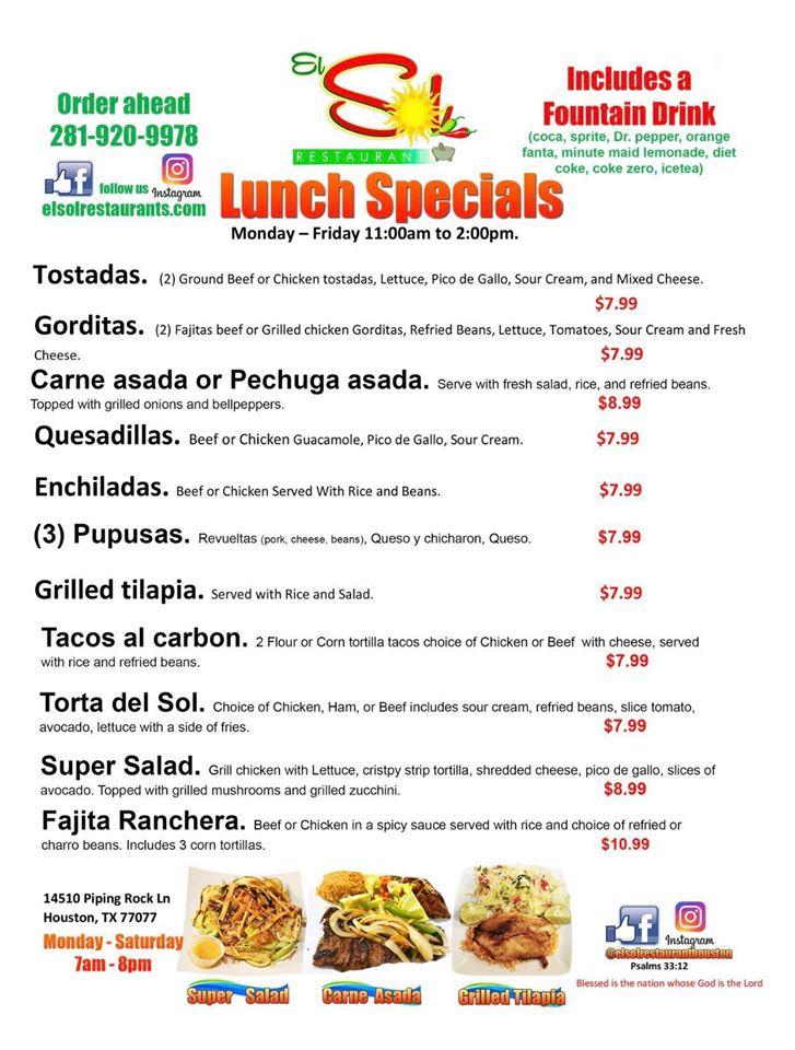 Menu at El Sol Restaurant, Houston