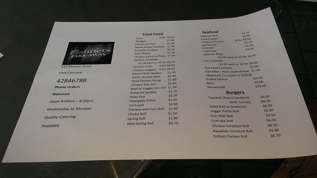 Menu at Fishnets Takeaway & Catering restaurant, East Corrimal