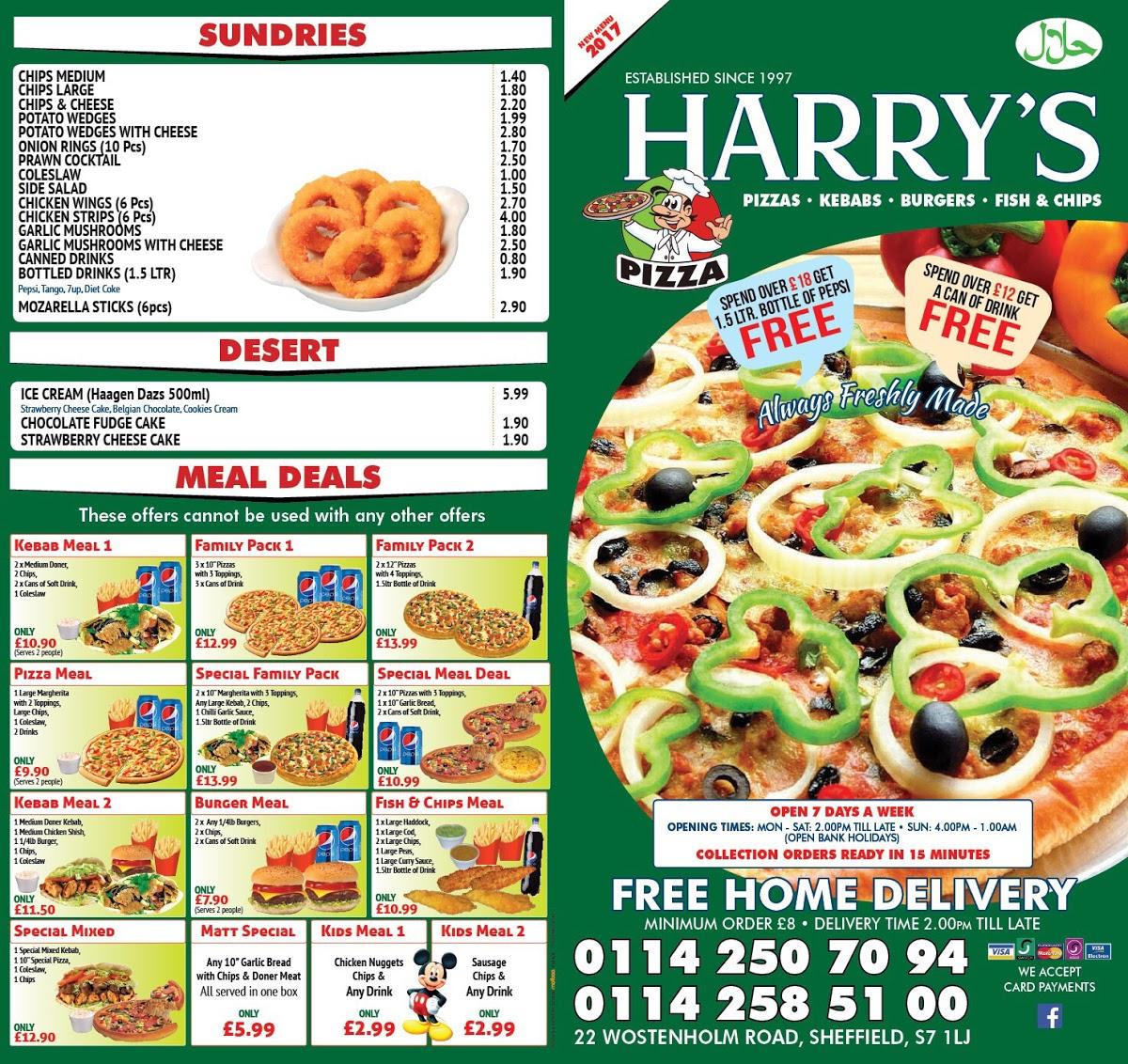 Menu at Harrys Pizza pizzeria, Sheffield