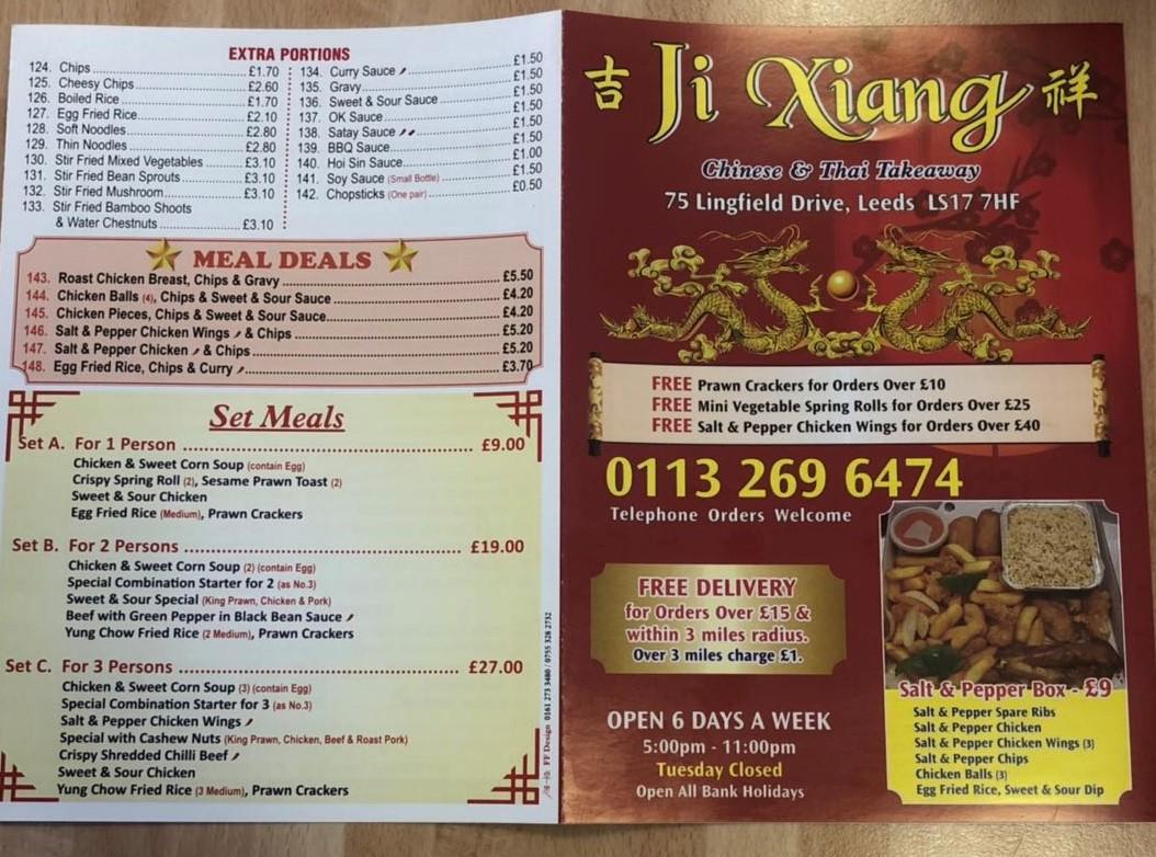 Menu at Ji Xiang, Leeds