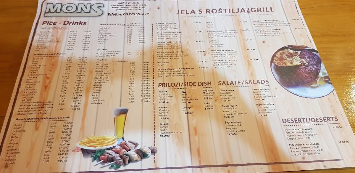 Menu at Mons restaurant, Pula