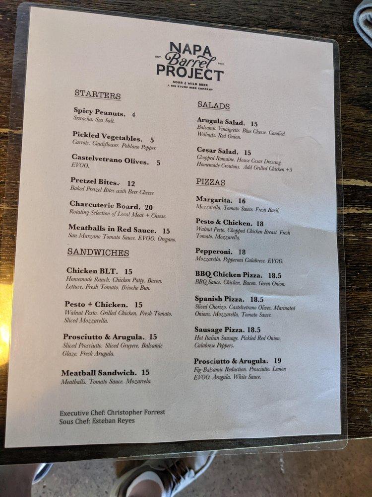Menu at Napa Barrel Project, Napa