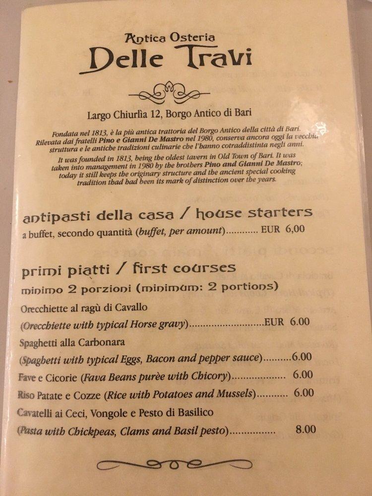 Menu at Osteria Travi Buco restaurant, Bari