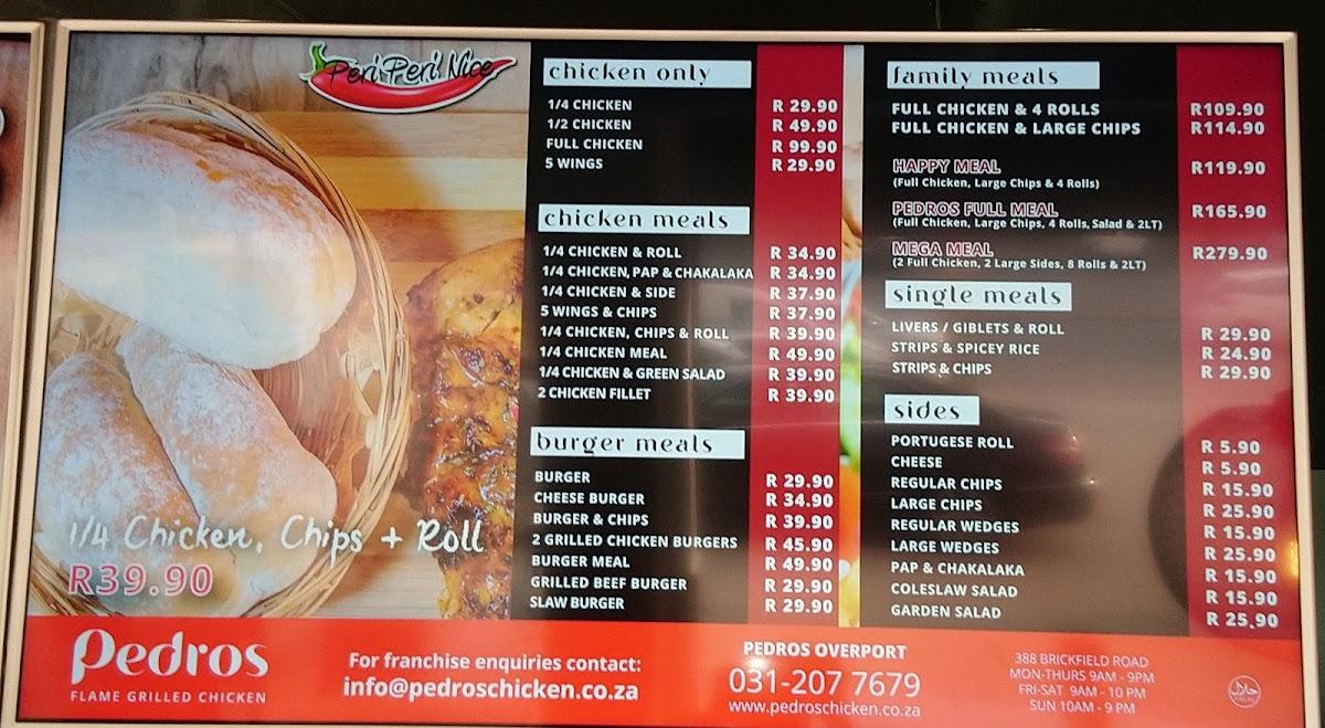 Menu at Pedros Overport restaurant, Durban