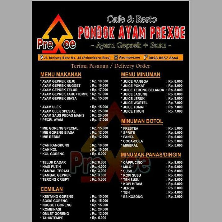 Menu at Pondok Ayam Preksu cafeteria, Pekanbaru