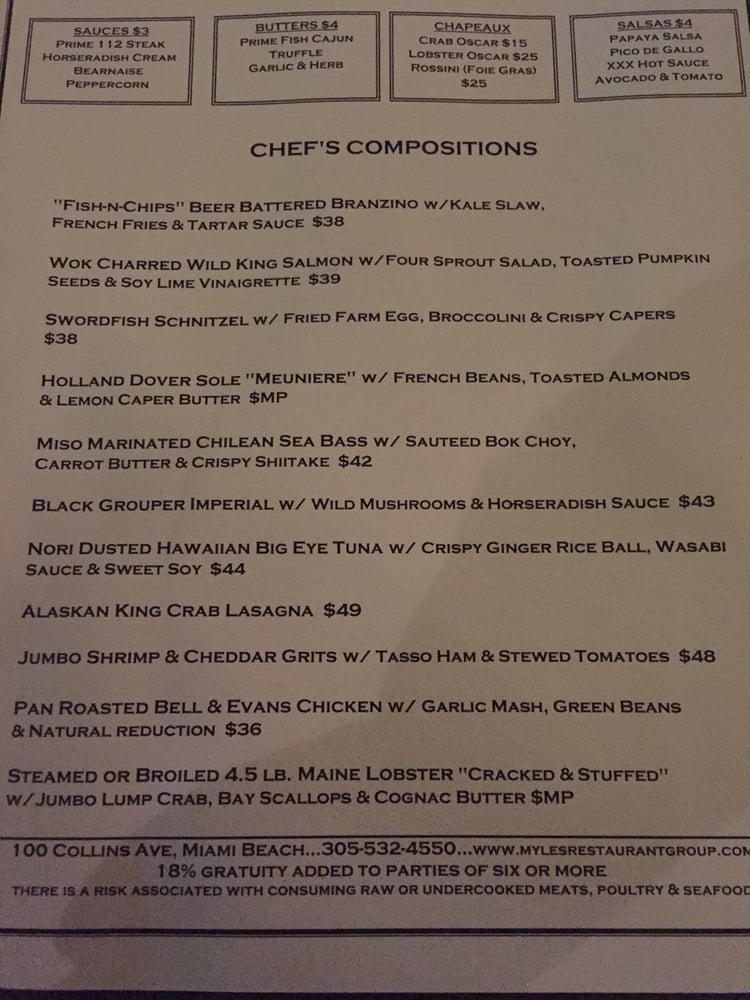 Menu at Prime Fish steakhouse, Miami Beach