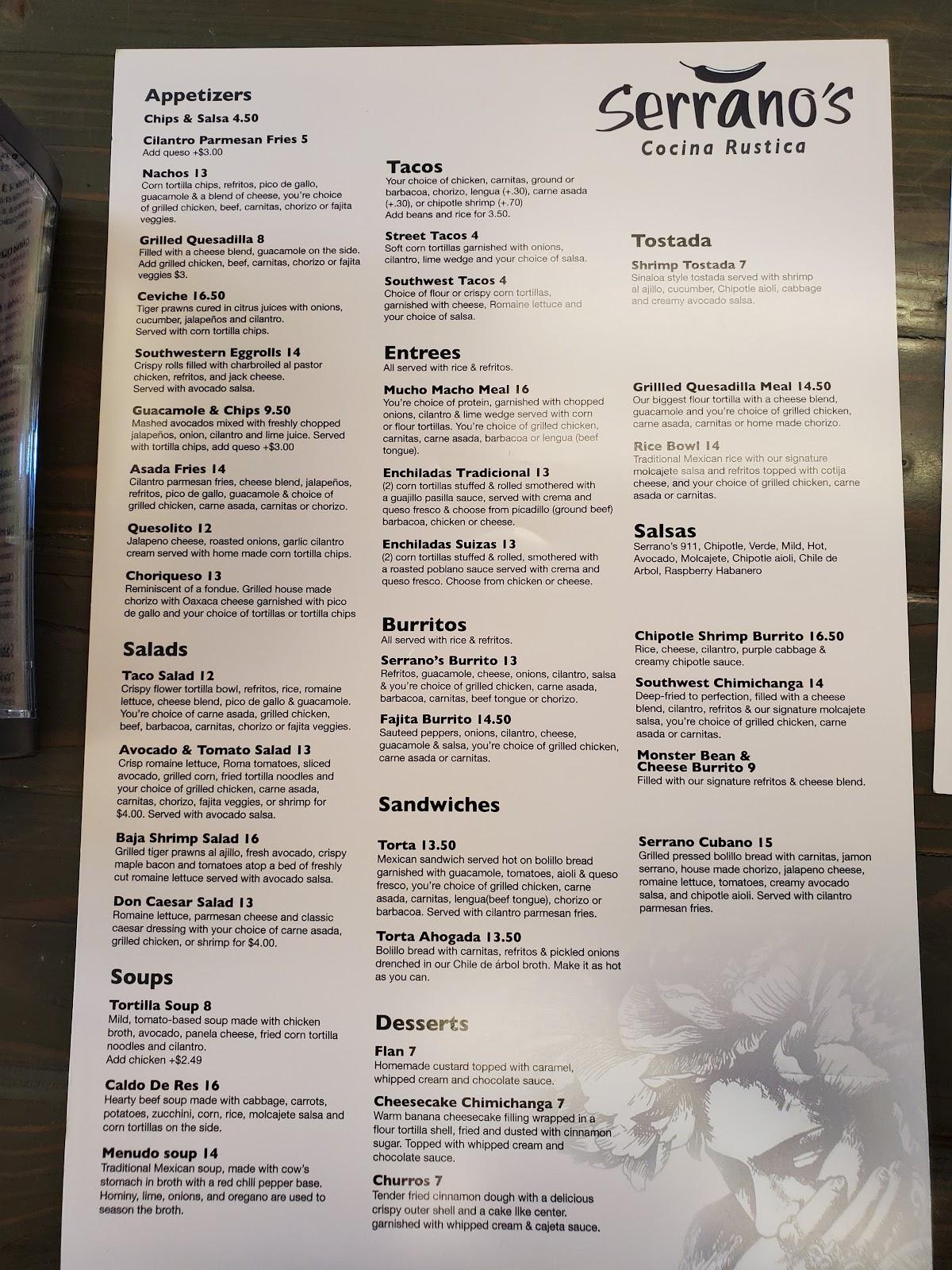 Menu at Serrano's Mexican Grill restaurant, Anchorage, E Tudor Rd